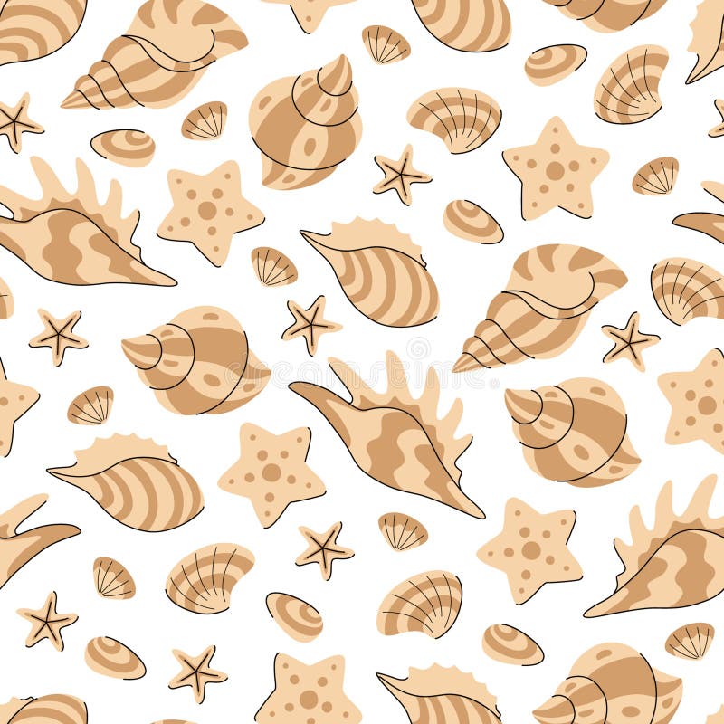 Shells and Starfish Seamless Pattern. Beige Mollusks on White Background. Summer Tropical ...