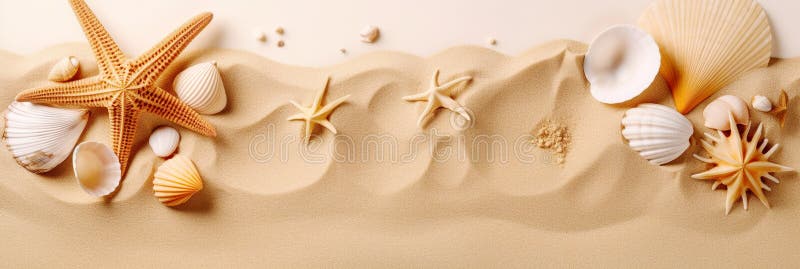 Shells and Stars on Sand Beach. Beach Vacation Concept Background with ...