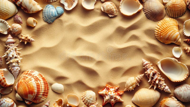 Shells of Various Shapes and Sizes Lie on Sunlit Sand, Evoking a Calm ...