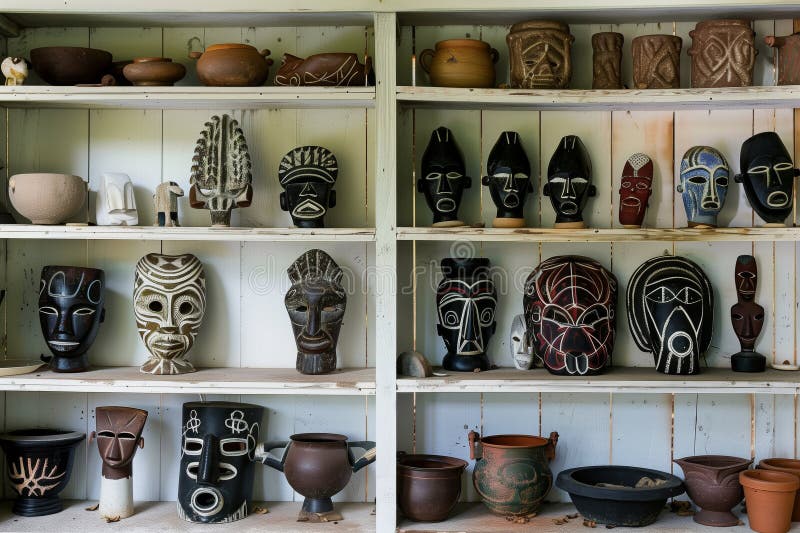 Shelves Decorated with African Masks and Pots Stock Photo - Image of ...