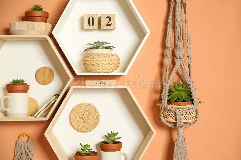 Shelves with Decorative Elements on Color Wall. Interior Design Stock ...