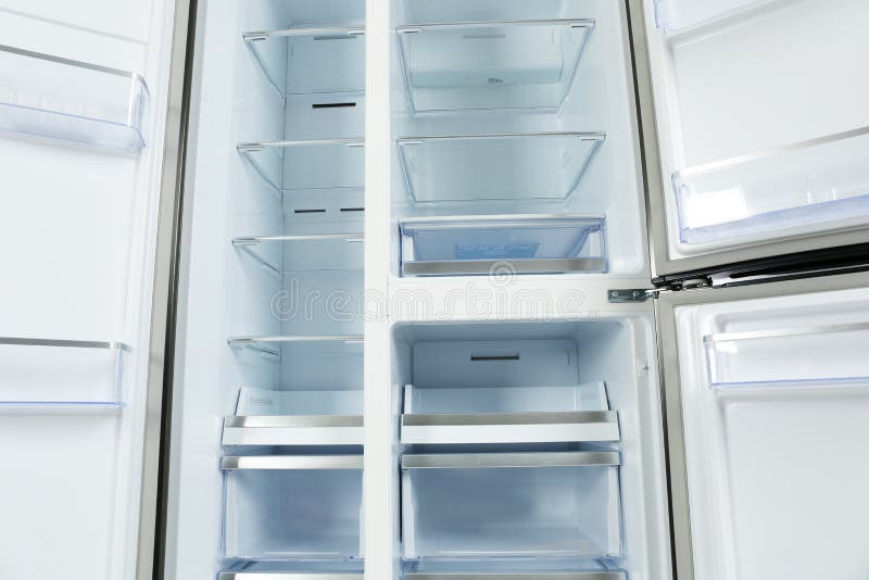 Shelves of Empty Modern Refrigerator, Closeup Stock Image - Image of ...