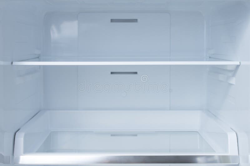 Shelves in Empty Open White Fridge. Background Empty Shelves in the ...