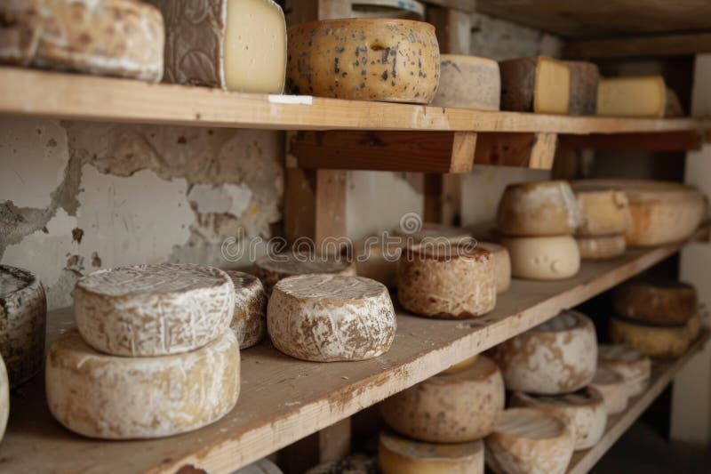 Aging Cheeses on Wooden Shelves in a Rustic Cellar, Showcasing Various ...