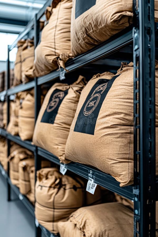 Coffee Bags Stored on Shelves in a Warehouse Showcasing Diverse ...