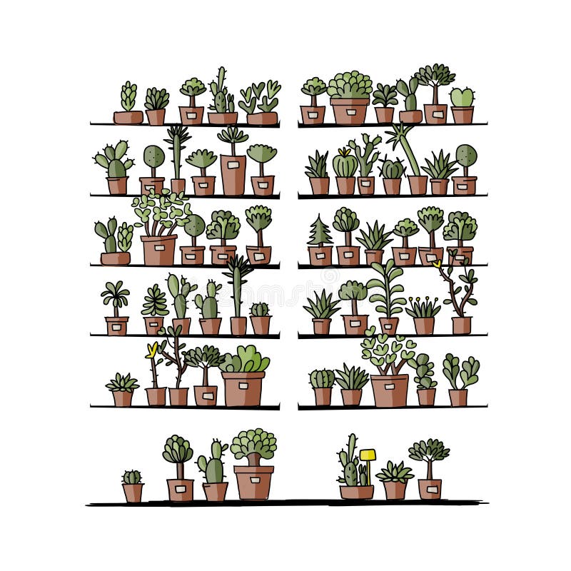 Shelves with Plants in Pots, Sketch for Your Stock Vector ...