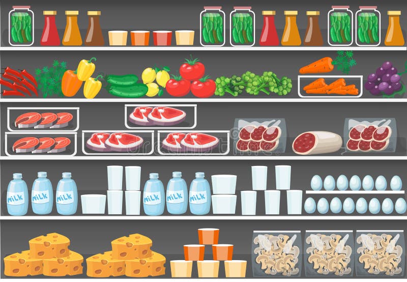 Shelves with Products. Vector Food Supermarket Stock Vector ...