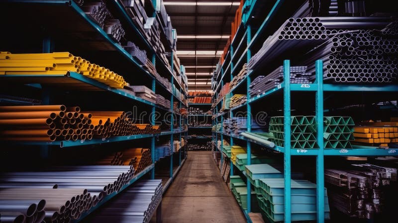 Shelves of Steel Pipe Industry Construction Stacked in the Warehouse ...