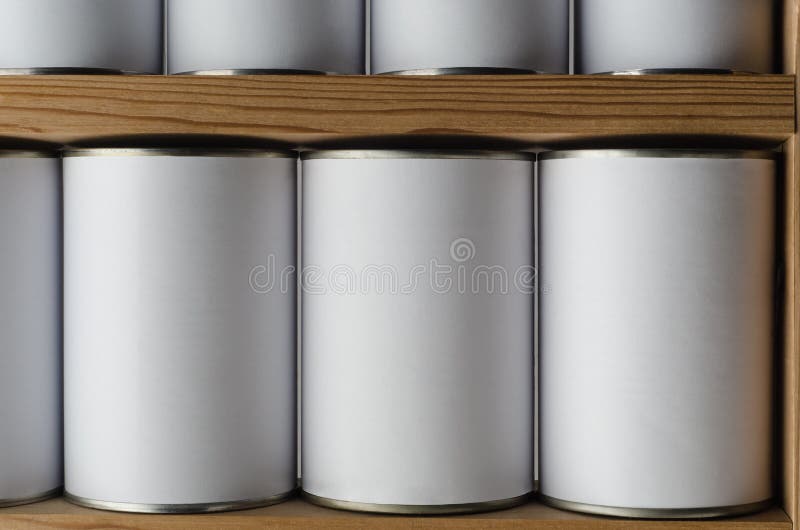 Shelves of Unbranded Tin Cans with Blank White Labels Stock Image ...