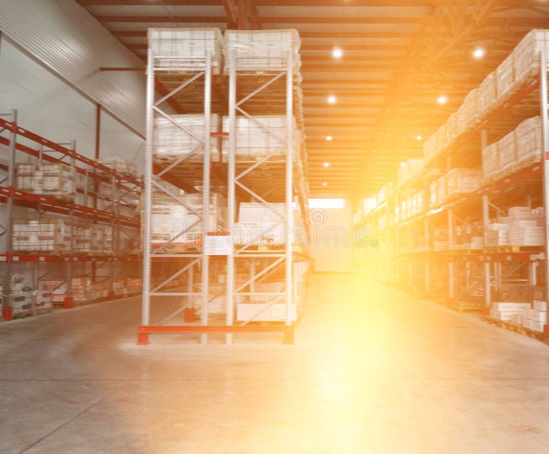 Shelving System with Boxes in Distribution Warehouse, Large Industrial ...