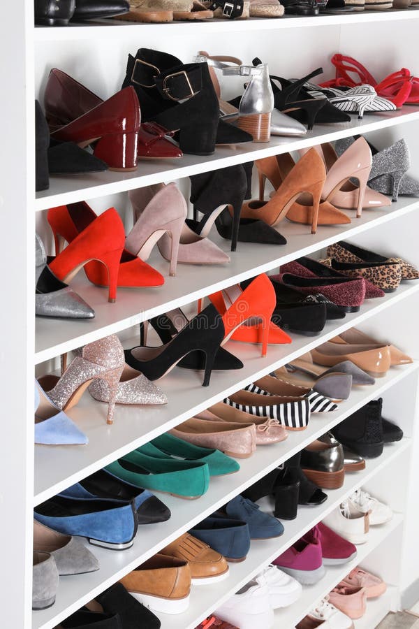 Shelving Unit with Different Shoes Stock Photo - Image of footgear ...