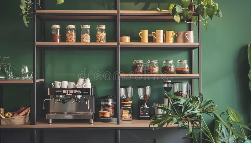 Shelving Unit with Modern Coffee Machine, Cups and Snacks Near Green ...