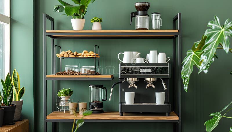 Shelving Unit with Modern Coffee Machine, Cups and Snacks Near Green ...
