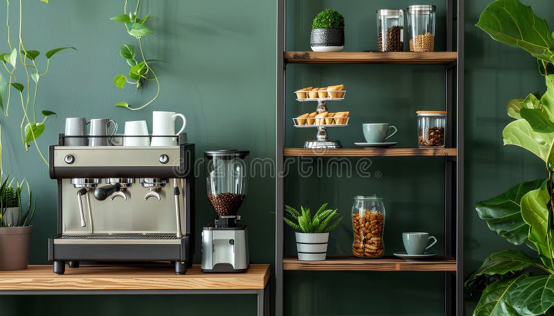 Shelving Unit with Modern Coffee Machine, Cups and Snacks Near Green ...