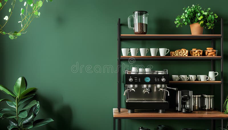 Shelving Unit with Modern Coffee Machine, Cups and Snacks Near Green ...