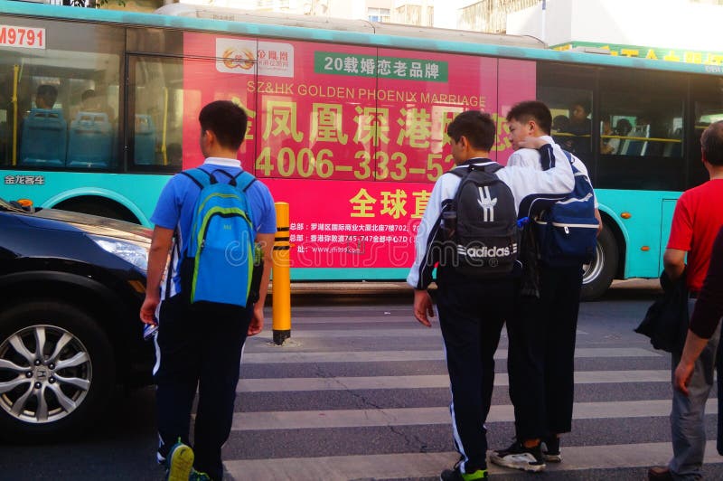 Shenzhen, China: Students Cross Traffic Junctions Editorial Image ...