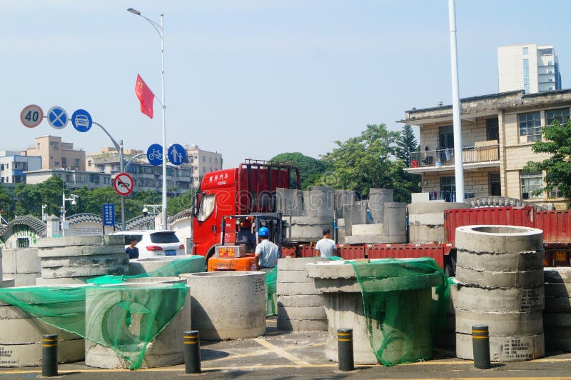 Shenzhen, China: Street Construction, Truck Loading and Unloading ...