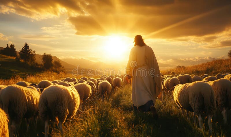 Shepherd Guiding Sheep at Sunset in Serene Pastoral Landscape Stock ...
