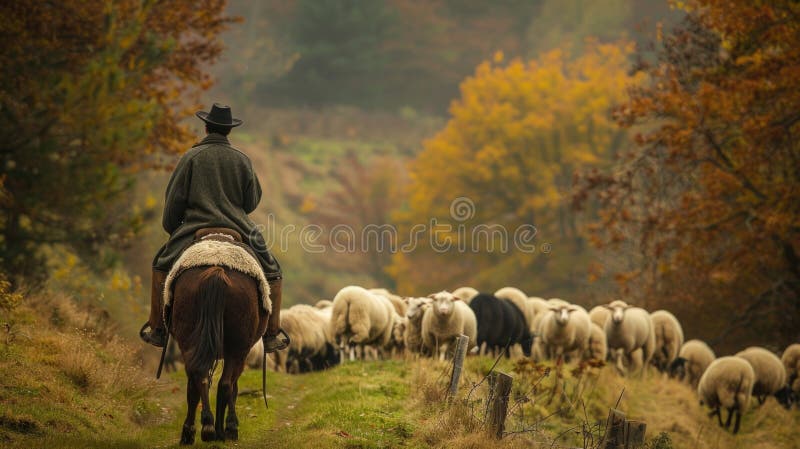 Shepherd on Horseback Tending Flock of Sheep. Stock Illustration ...