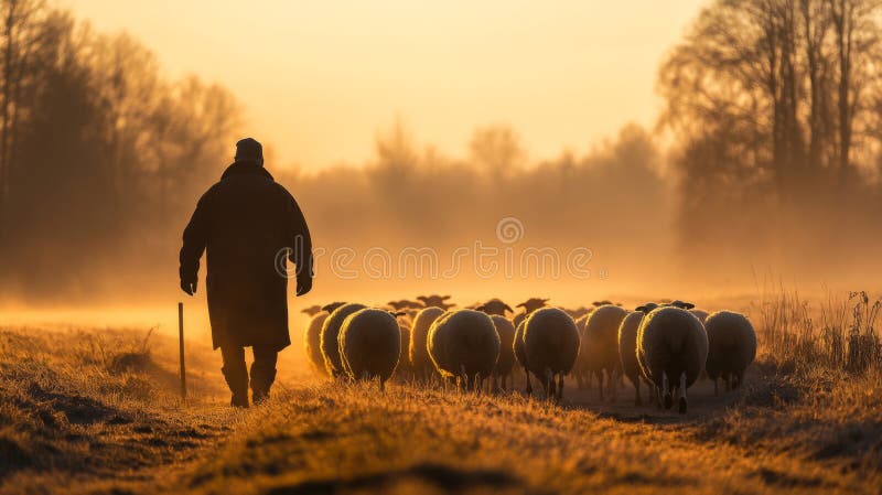 Shepherd Leading Flock of Sheep at Sunrise Stock Illustration ...
