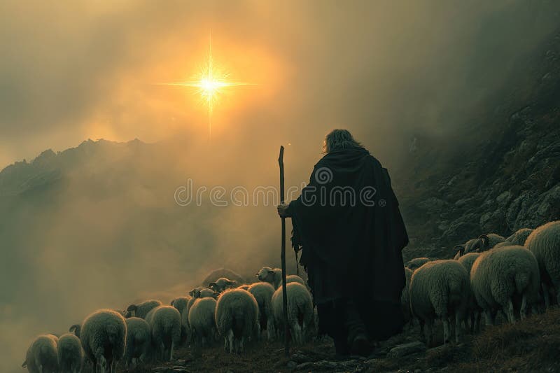 Shepherd Leading Sheep at Sunset in the Mountains Stock Illustration ...