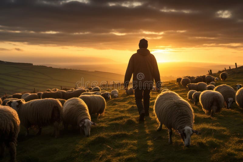 Shepherd Walking with His Flock of Sheep at Sunset, Golden Light ...