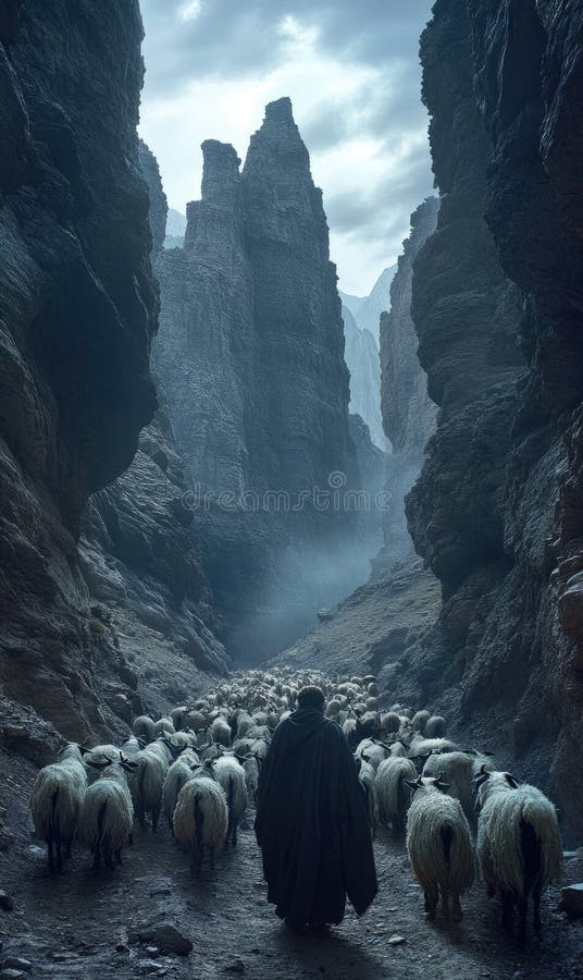 A Shepherd Walks Ahead of a Large Flock of Sheep Navigating through a ...