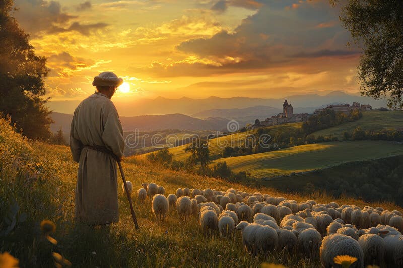 Shepherd Watching Over Flock of Sheep at Sunset in Rolling Hills Stock ...