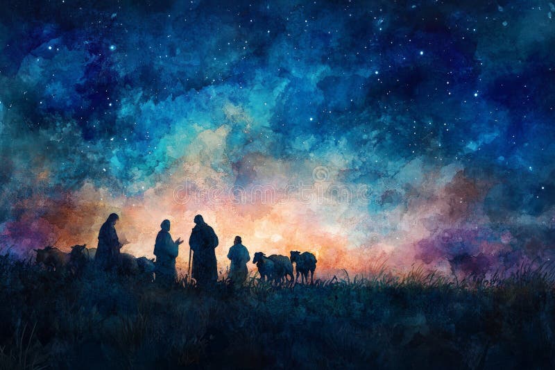 Shepherds in a Field Under a Starry Night, Their Faces Illuminated by ...