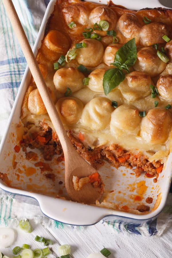 Shepherds Pie in the Baking Dish Closeup. Vertical Top View Stock Image ...
