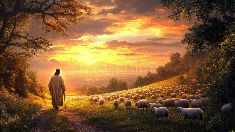 Shepherds Stand with Their Sheep at Sunset in a Field of Wheat. Stock ...