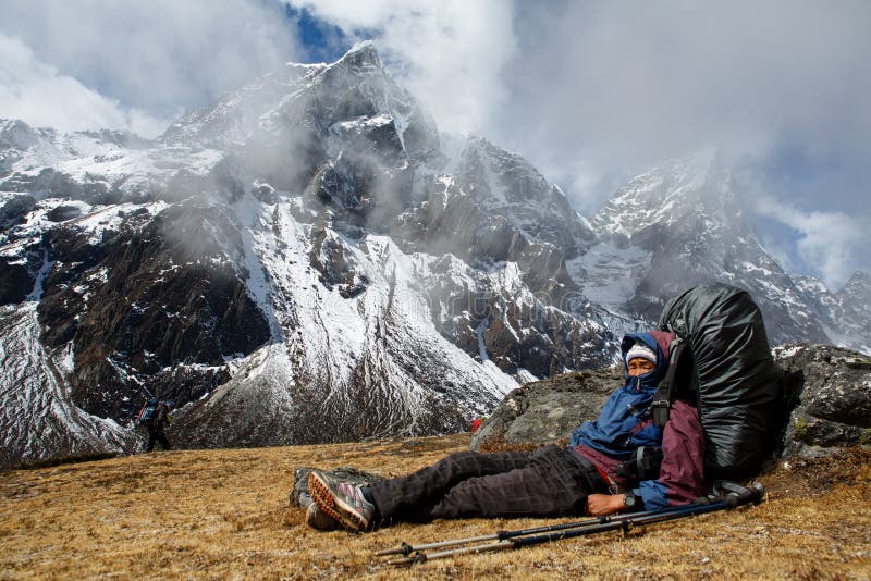 Two Sherpa Porters Carrying Heavy Sacks,Himalaya,Everest Region Stock ...