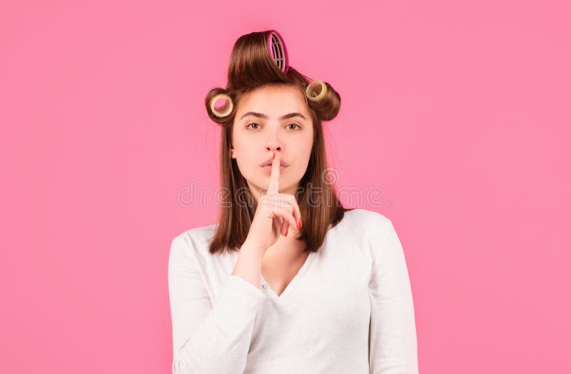 Shh Womens Secrets Woman With Curlers Showing Secret Sign Funny