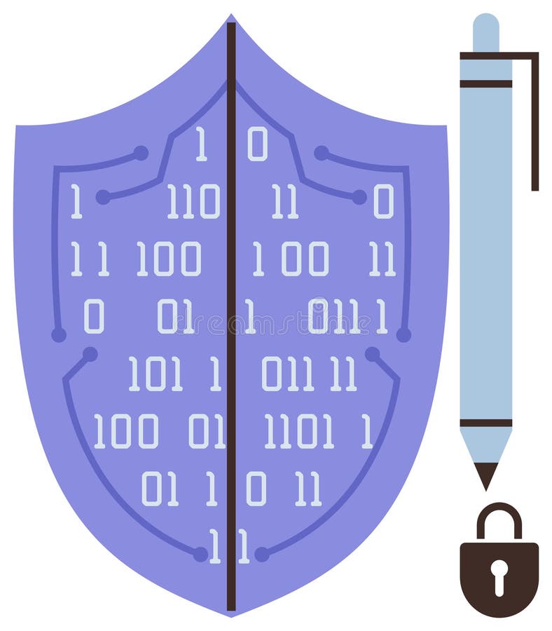 Digital Security Concept with Shield, Binary Code, Pen, and Lock Symbolizing Data Protection ...