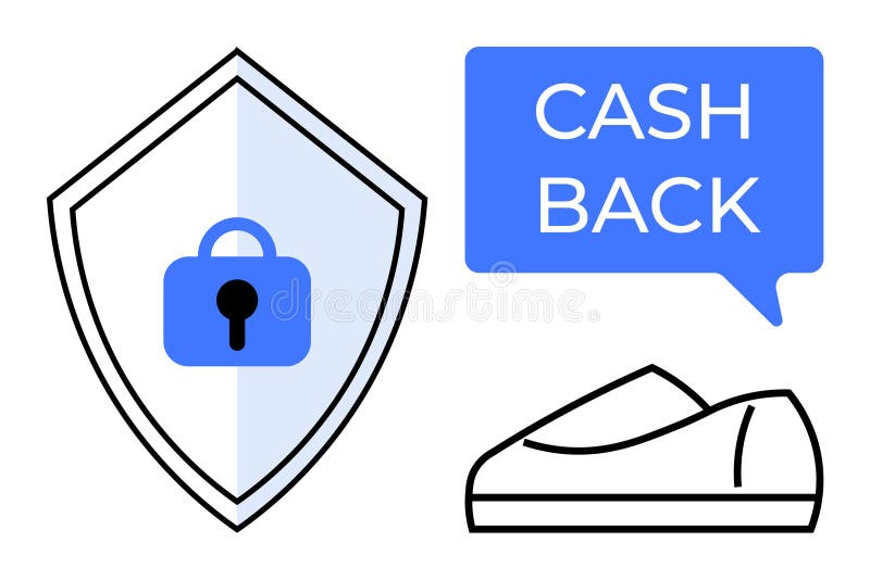 Shield with Padlock, Cashback Text Bubble, and Shoe Outline Illustrate ...