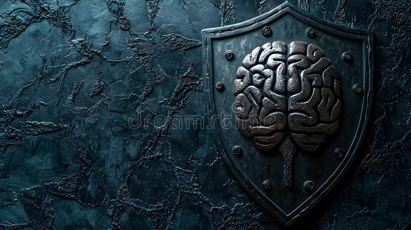 Shield with Brain Design on Dark Textured Background Stock Illustration ...