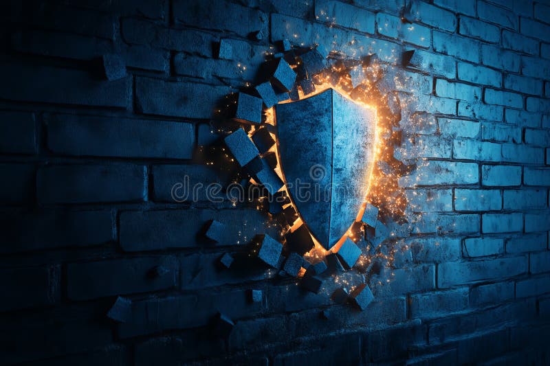 Shield Breaking through Wall with Sparks and Blue Background Stock ...