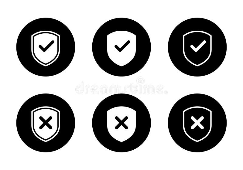 Shield Check Cross Mark Icon Set Collection on Black Circle Stock ...