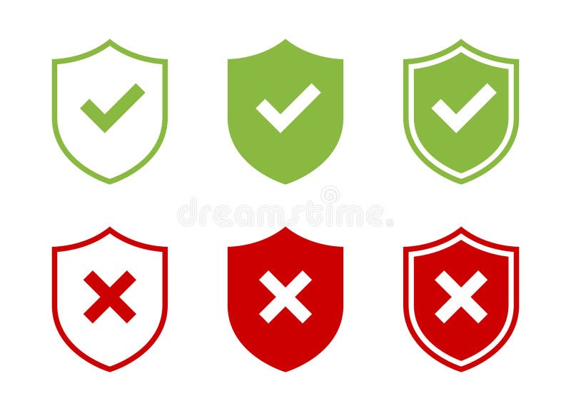 Shield with Check and Cross Mark Icon Set in Flat Design. Security ...