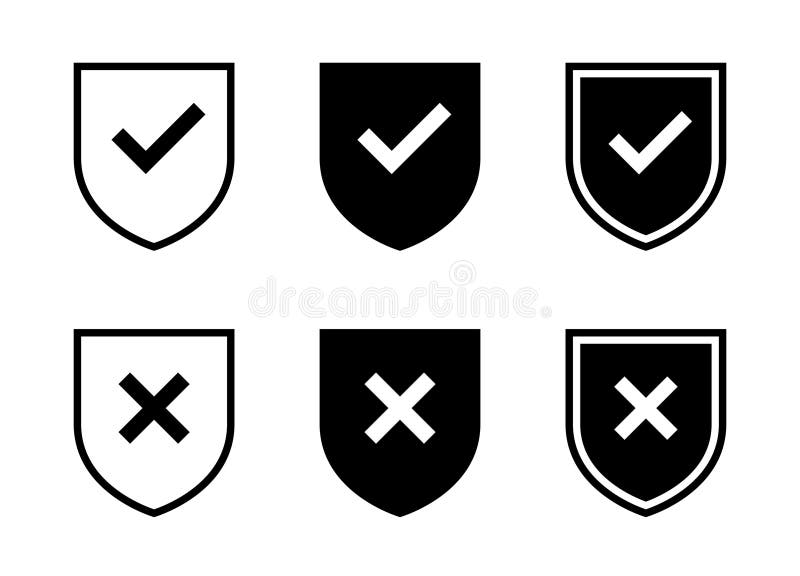 Shield Check Cross Mark Icon Set. Safe and Unsafe, Defense Sign Symbol ...