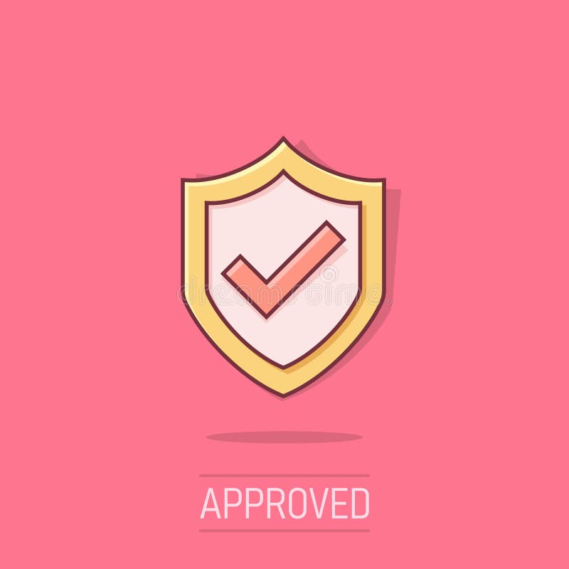 Shield with Check Mark Icon in Comic Style. Protect Cartoon Vector ...