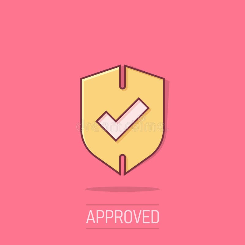 Shield with Check Mark Icon in Comic Style. Protect Cartoon Vector ...