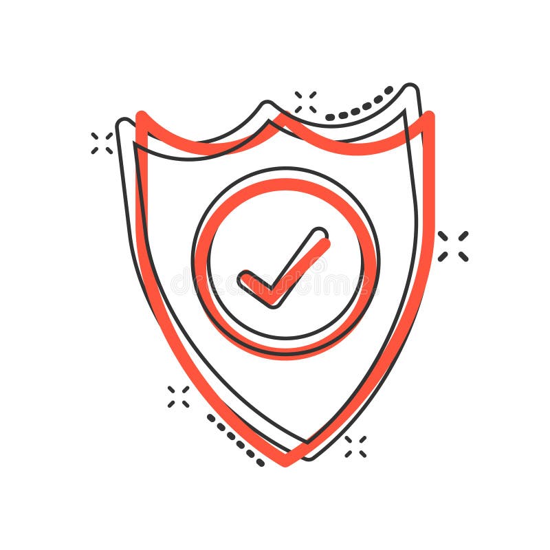 Shield with Check Mark Icon in Comic Style. Protect Cartoon Vector ...