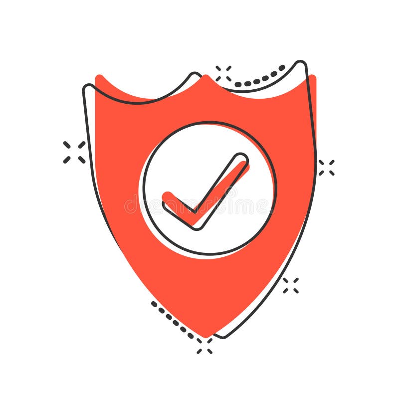 Shield with Check Mark Icon in Comic Style. Protect Cartoon Vector ...