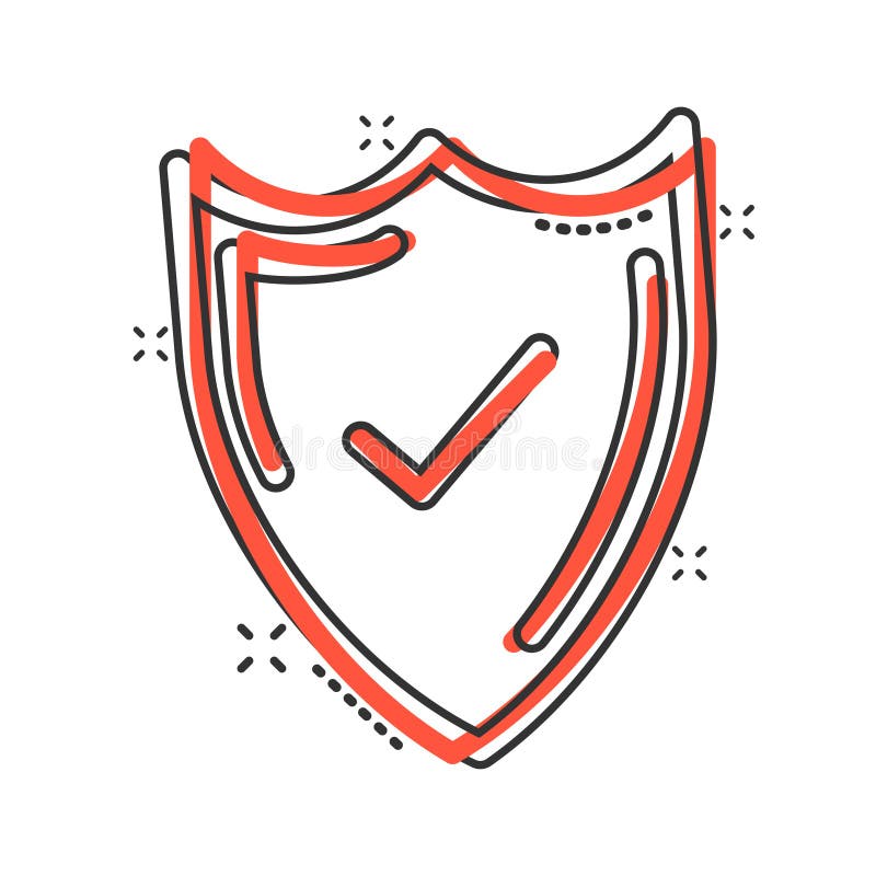 Shield with Check Mark Icon in Comic Style. Protect Cartoon Vector ...