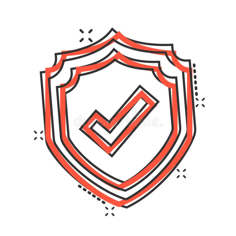 Shield with Check Mark Icon in Comic Style. Protect Cartoon Vector ...