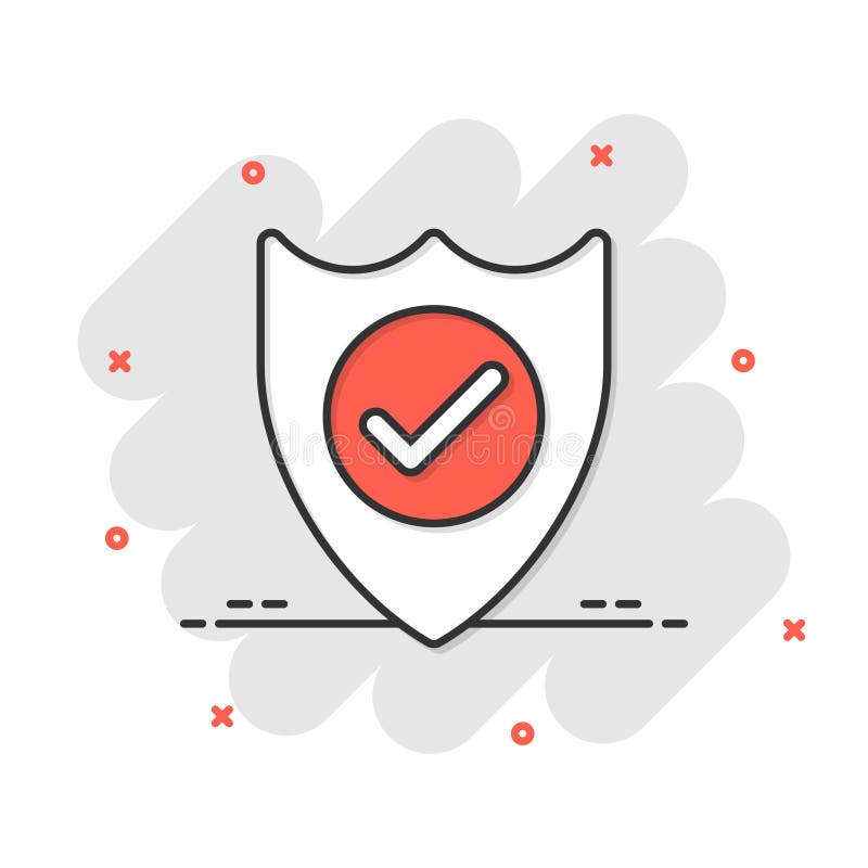 Shield with Check Mark Icon in Comic Style. Protect Cartoon Vector ...