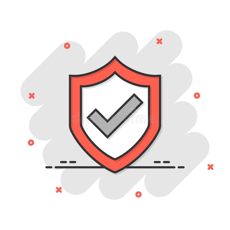 Shield With Check Mark Icon In Comic Style. Protect Cartoon Vector ...