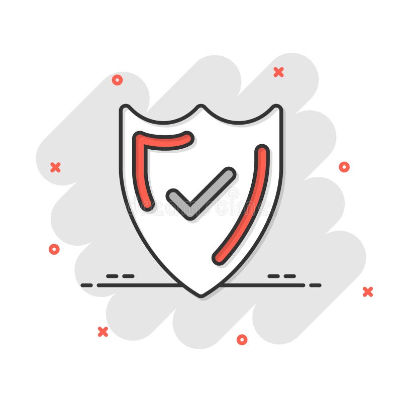 Shield with Check Mark Icon in Comic Style. Protect Cartoon Vector ...