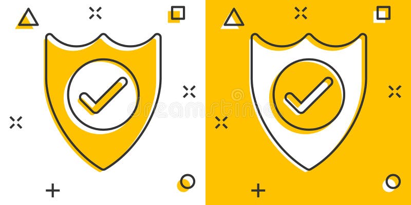 Shield with Check Mark Icon in Comic Style. Protect Cartoon Vector ...